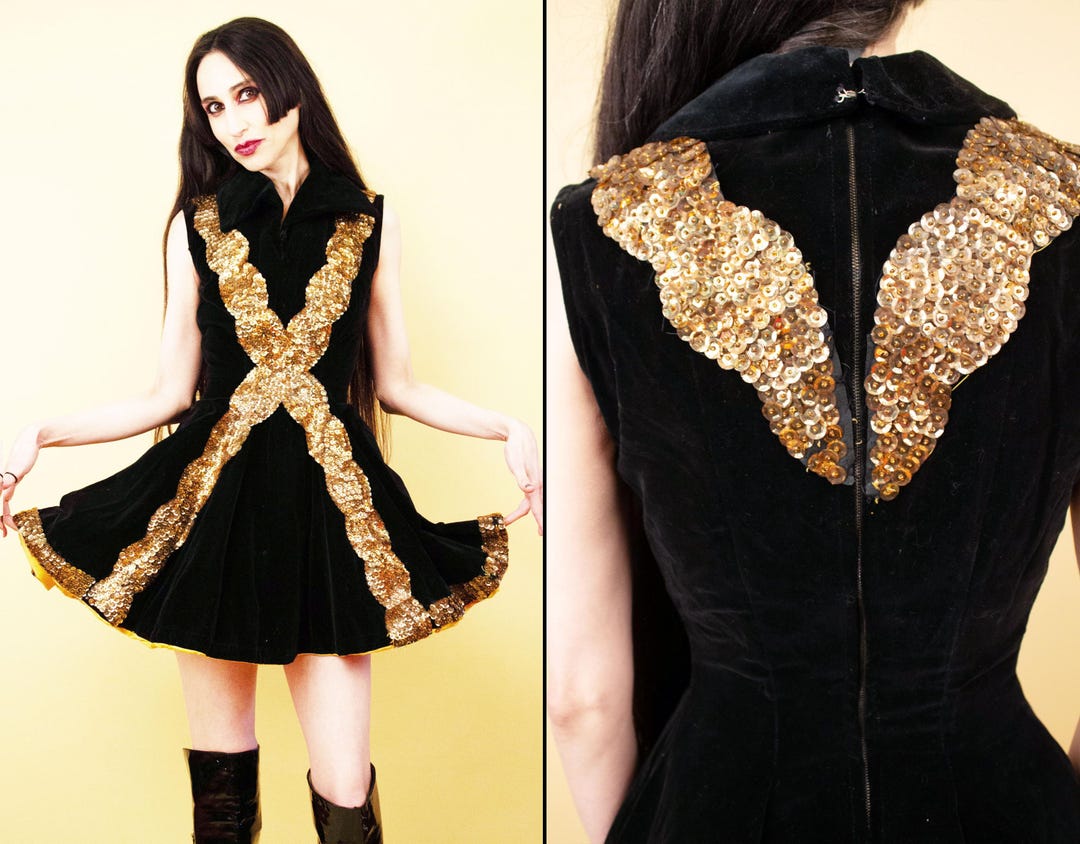 40s 50s Vtg Rare Black Velvet Pointy Collar Gold Sequin X Costume Mini ...
