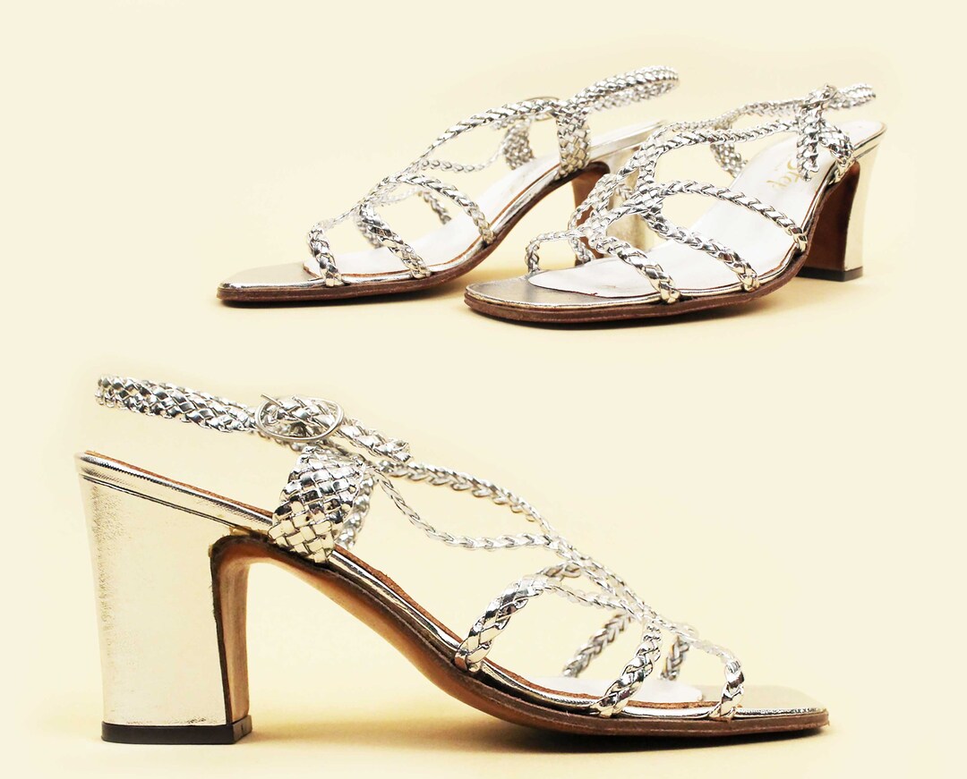 60s Vtg Italian Silver Foiled Metallic Braided Strappy Sandal Platform ...