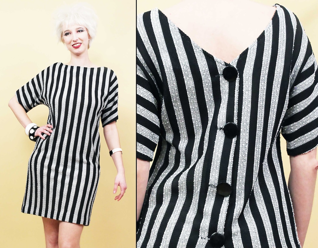 80s Vtg Black & White Knit Mini Dress Boxy Sheath Button Back New Wave ...
