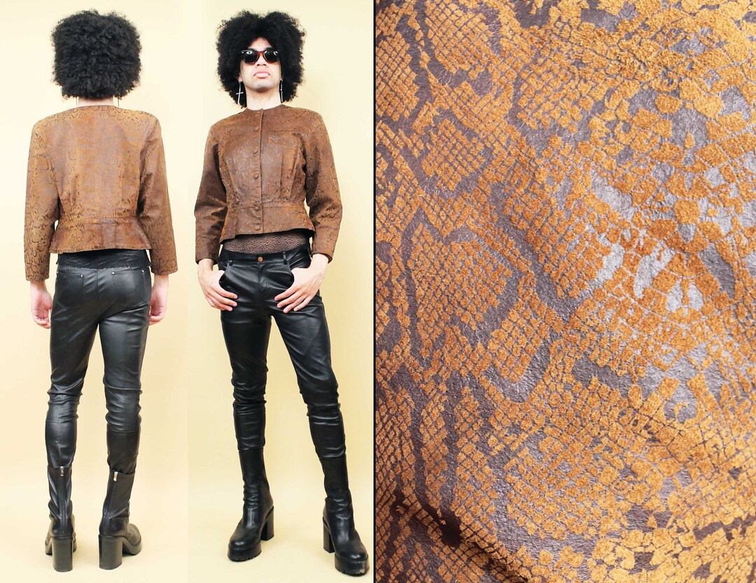 80s Vtg Brown Python Snakeskin Print Suede Leather Jacket Cropped ...
