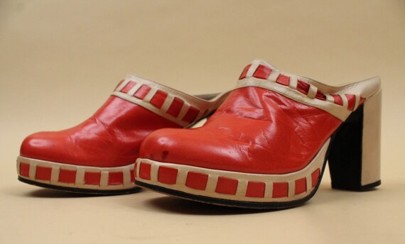 60s 70s Vtg Red & White Leather Clog Platform High He… - Gem