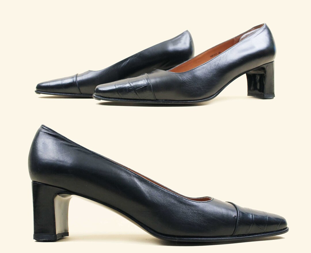 90s Vtg Black Ralph Lauren Leather Slip on Heels Chunky Platform Heel ...
