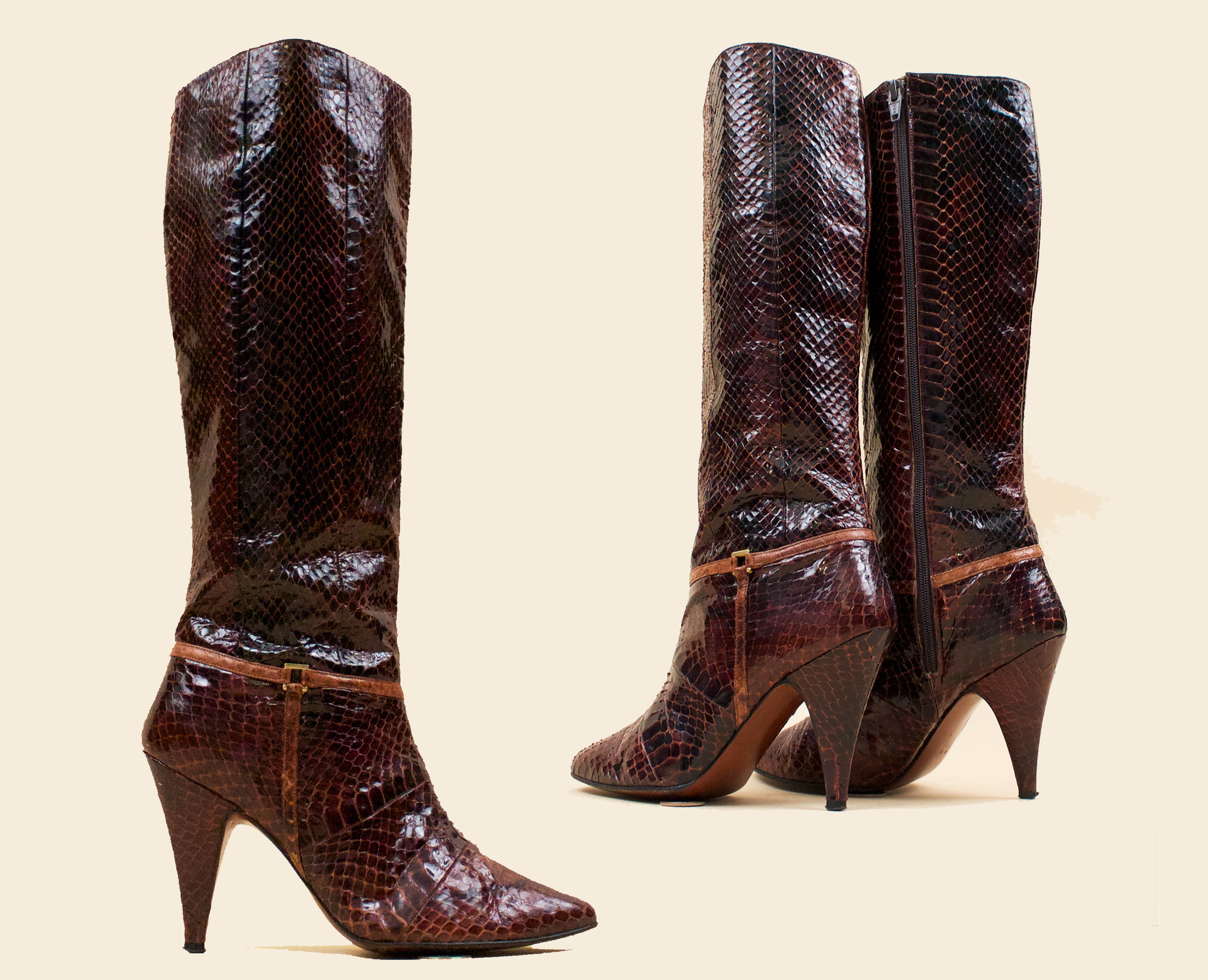 70s 80s Vtg Genuine Snakeskin Russet Brown Knee High Boots | Etsy