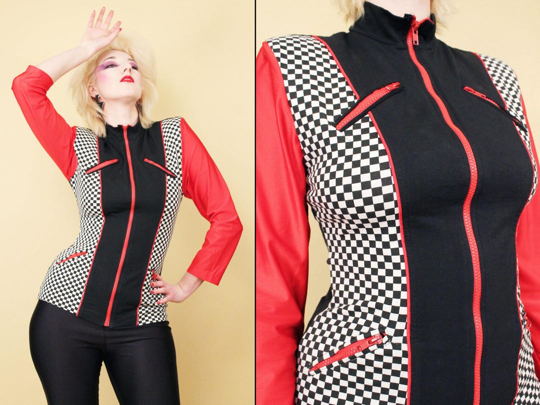 80s 90s Vtg Red Black Checker Pattern Zip up Mock Neck Long Sleeve ...