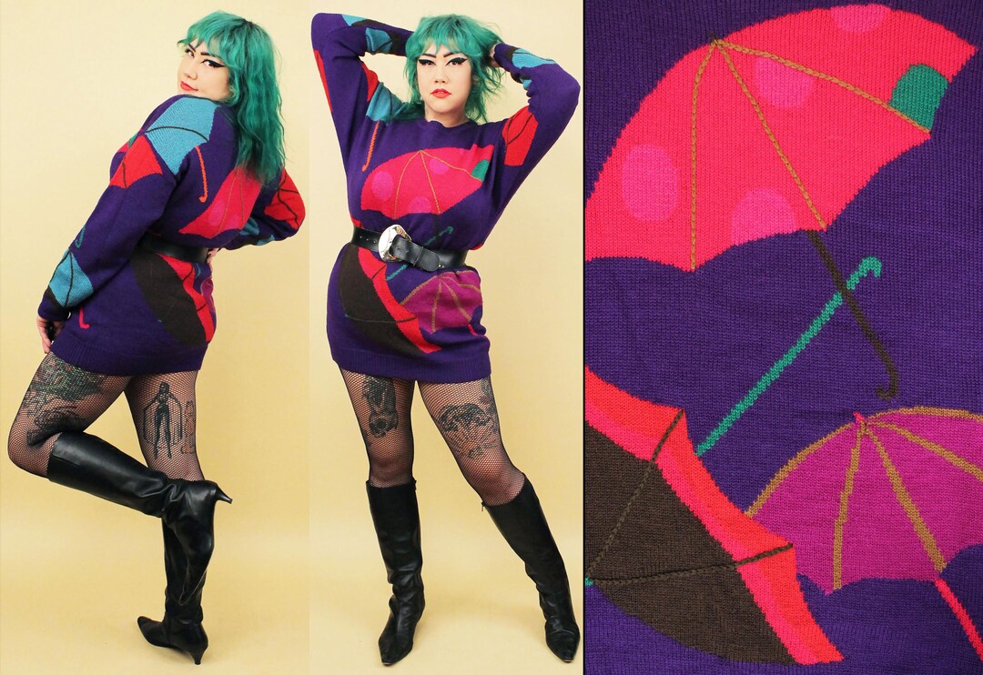 80s Vtg Novelty Print Umbrella Color Block 100% Wool Knit Sweater ...