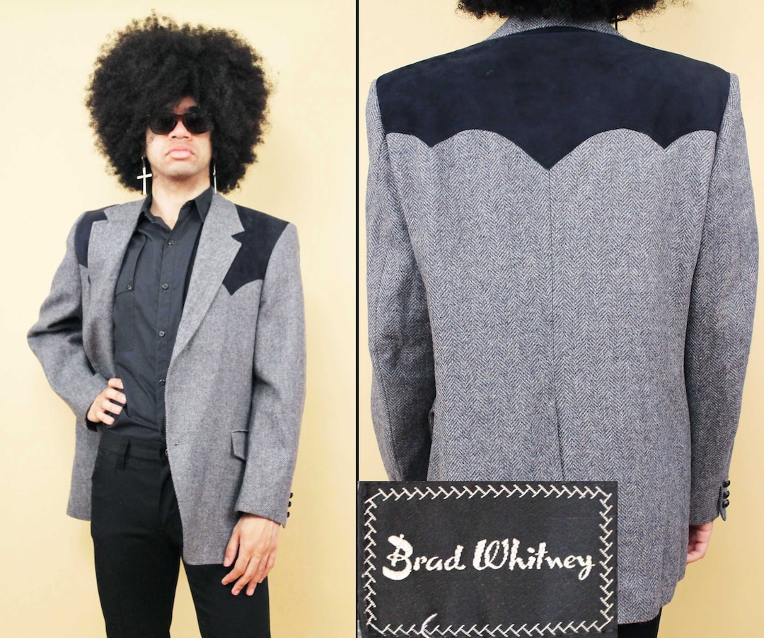 70s Vtg Wool Tweed Navy Blue Ultra Suede Western Yolk Blazer Jacket ...