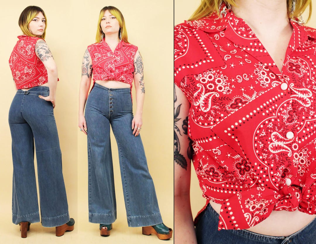 60s 70s Vtg Cotton Bandana Print Collared Skirt Blouse Sleeveless ...