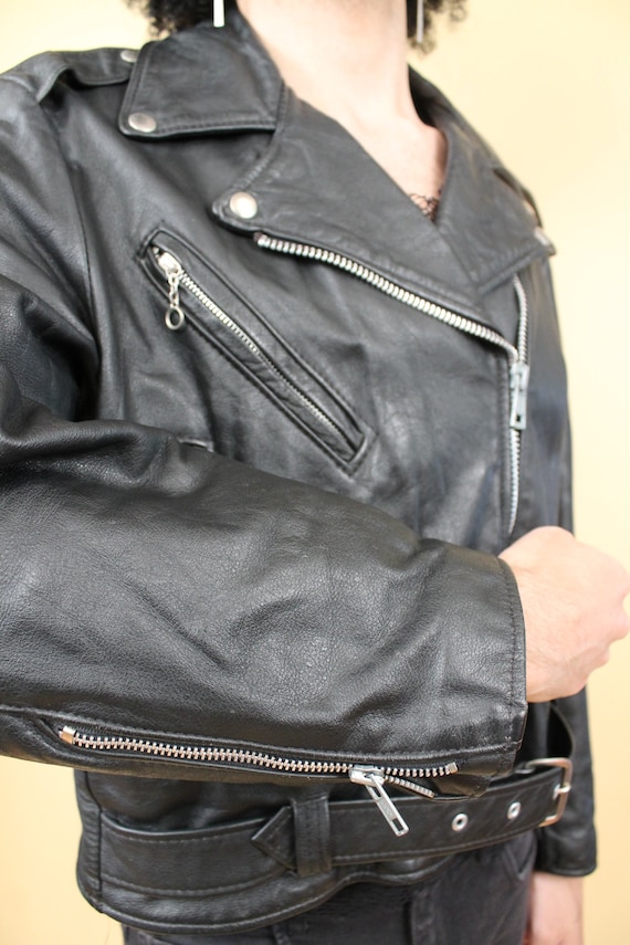 70s Vtg Black Leather Motorcycle Jacket Biker Moto Pu… - Gem