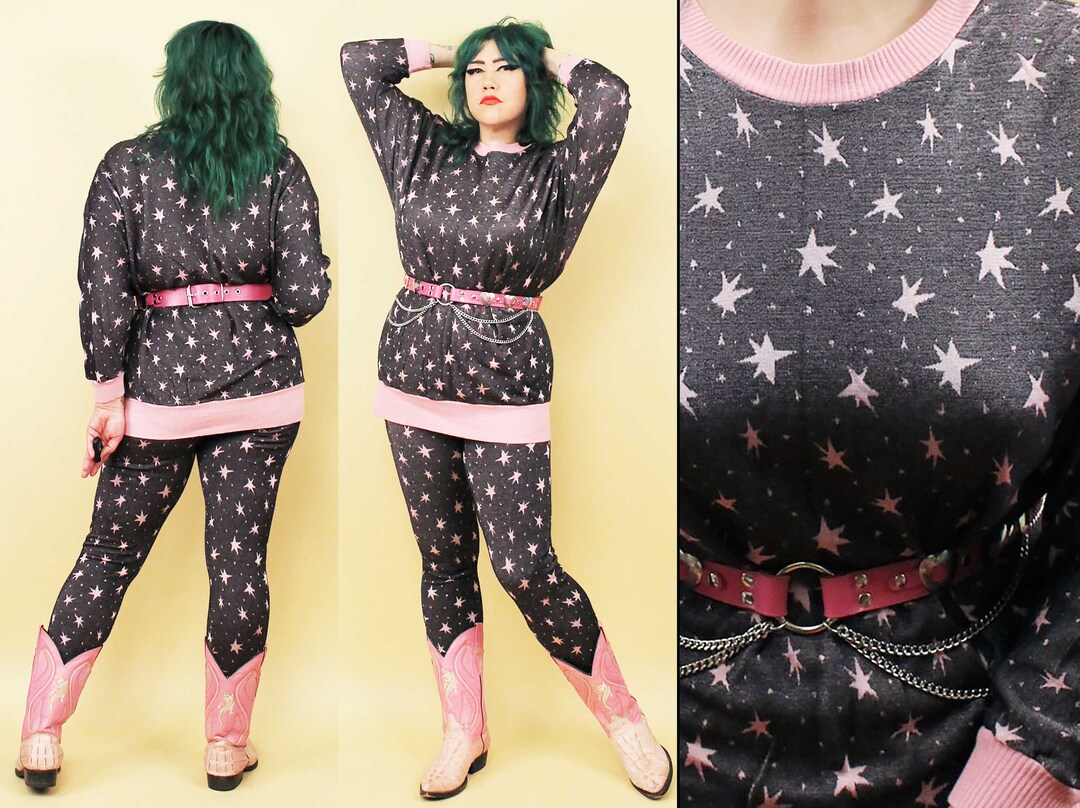 80s Vtg Pink Star Sweat Pant Suit New Wave Matching Set Long Sleeve ...