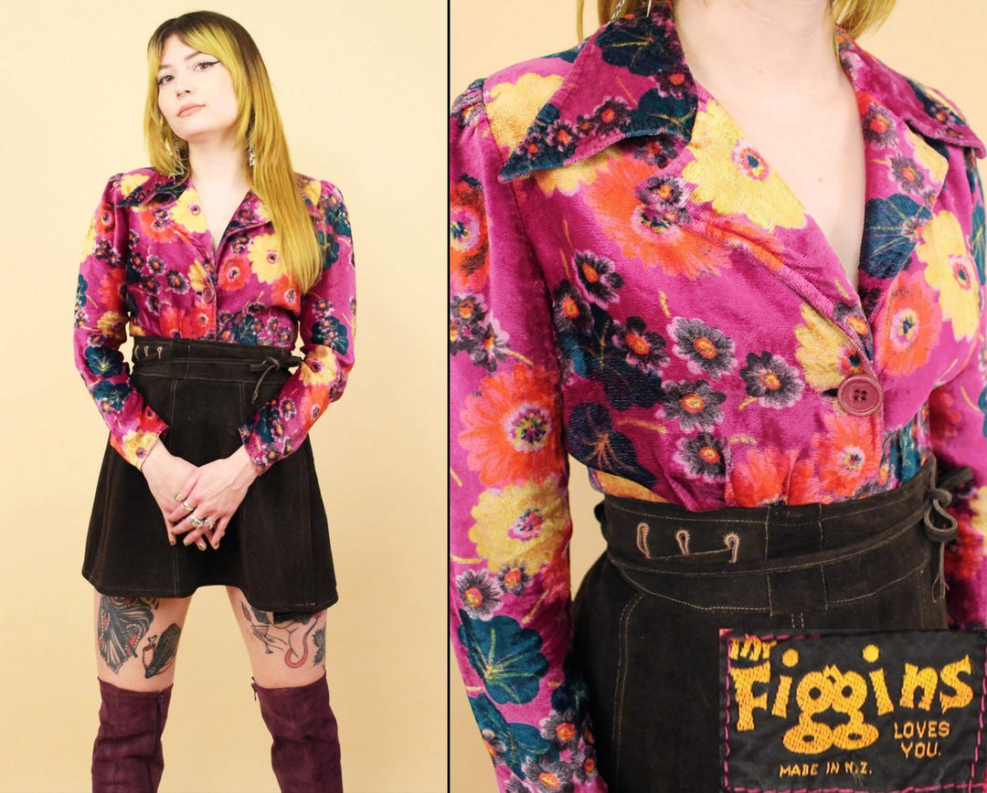 70s Vtg Pink Floral Velvet Pointy Collar Button up Blouse Alley Cat ...