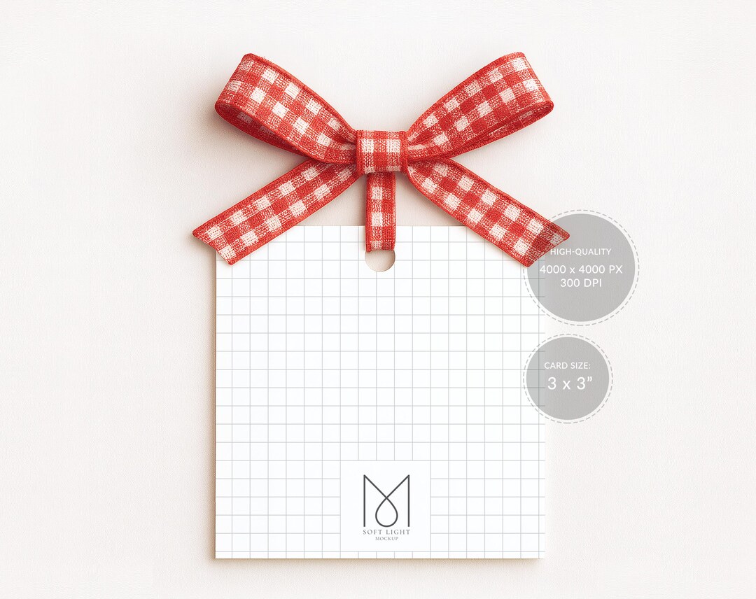 Gift Tag Mockup With Gingham Bow — Square Hang Tag/label, Minimal ...