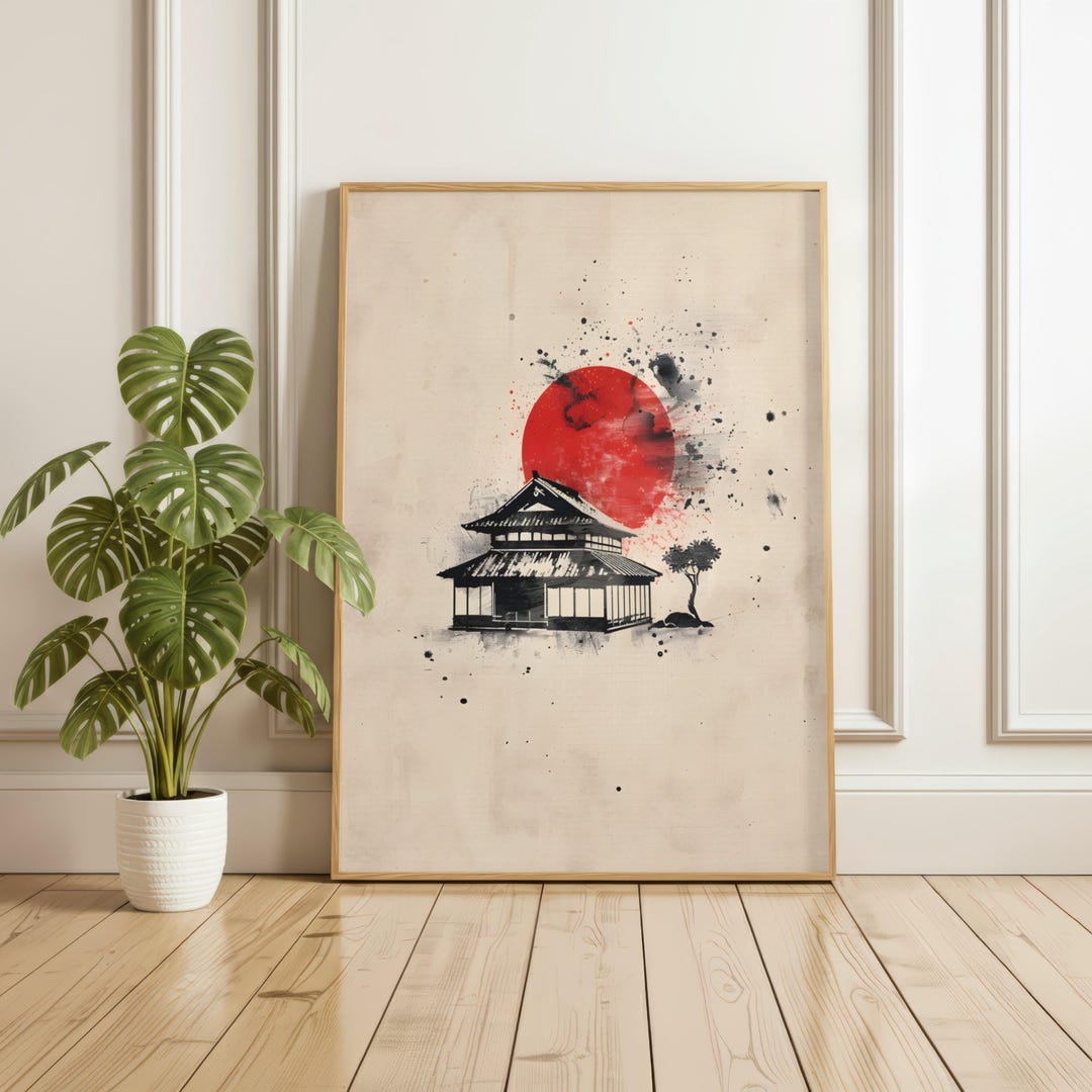 2japandi Boho Japanese House Print, Red Sun Ink Art, Zen Wall Decor ...