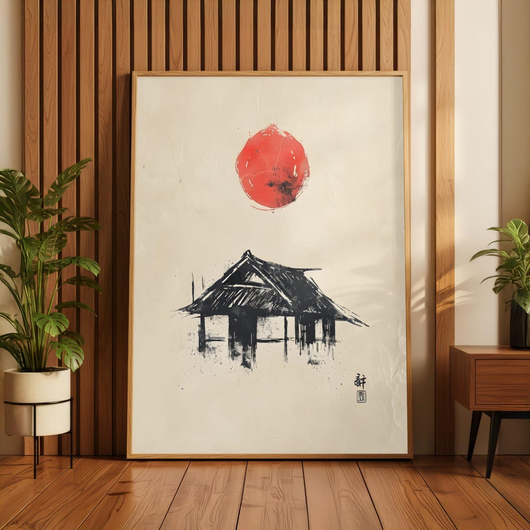 Japandi Japanese House Print, Minimal Ink Art, Red Sun Wall Decor - Etsy