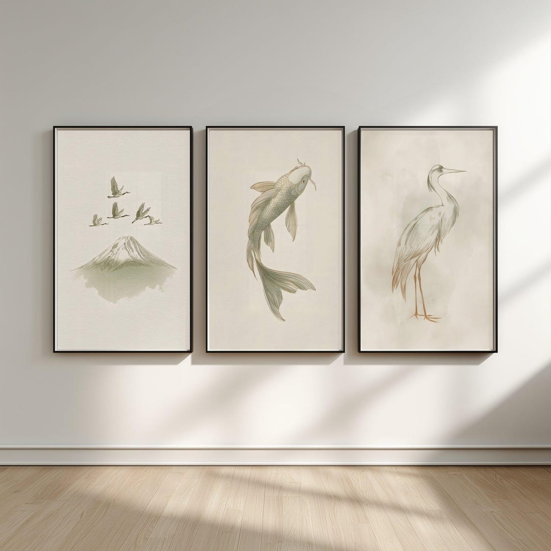 Mount Fuji Birds Koi Fish and Crane Japandi Minimalist Wall Art - Etsy