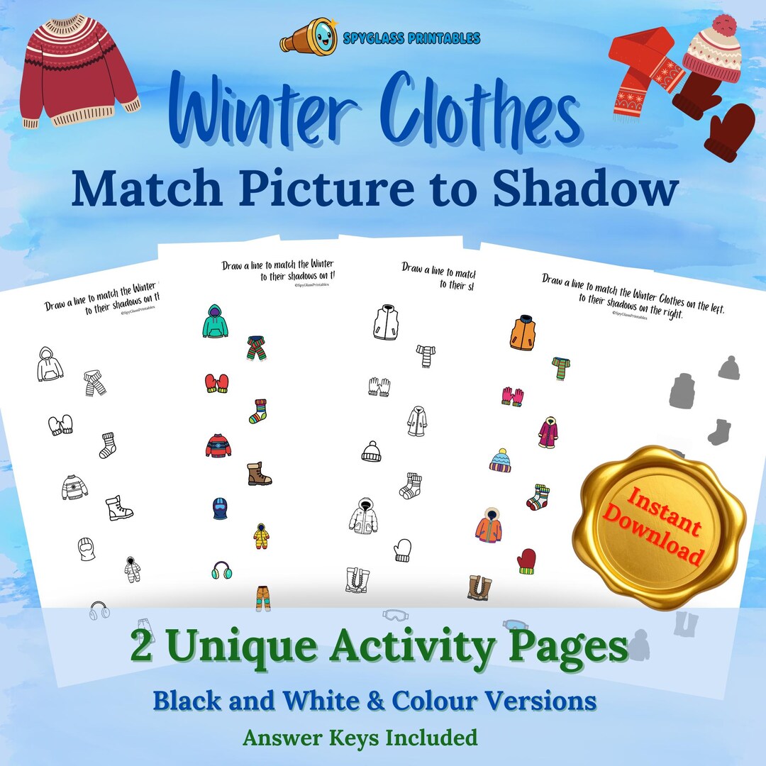 2 Winter Wardrobe Match Picture to Shadow Activities + Answer Key ...