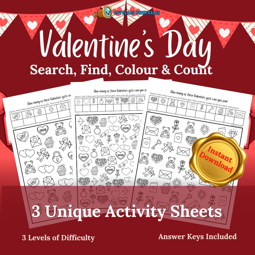 3 Valentine's Day 'I Spy' Search, Find, Color and Count Printable ...
