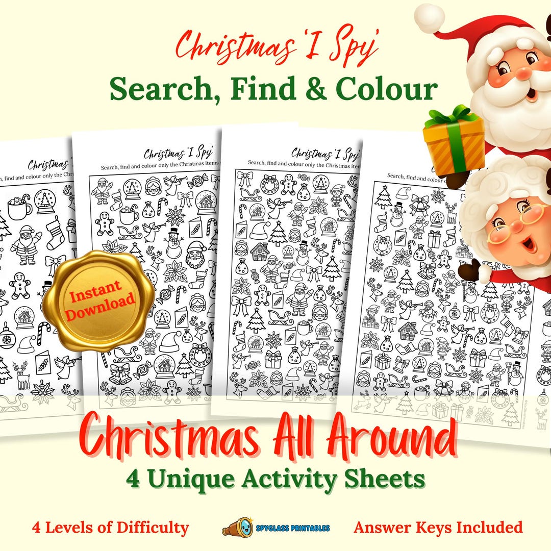 4 Christmas All Around 'I Spy' Search and Find Printable Activity: 4 ...