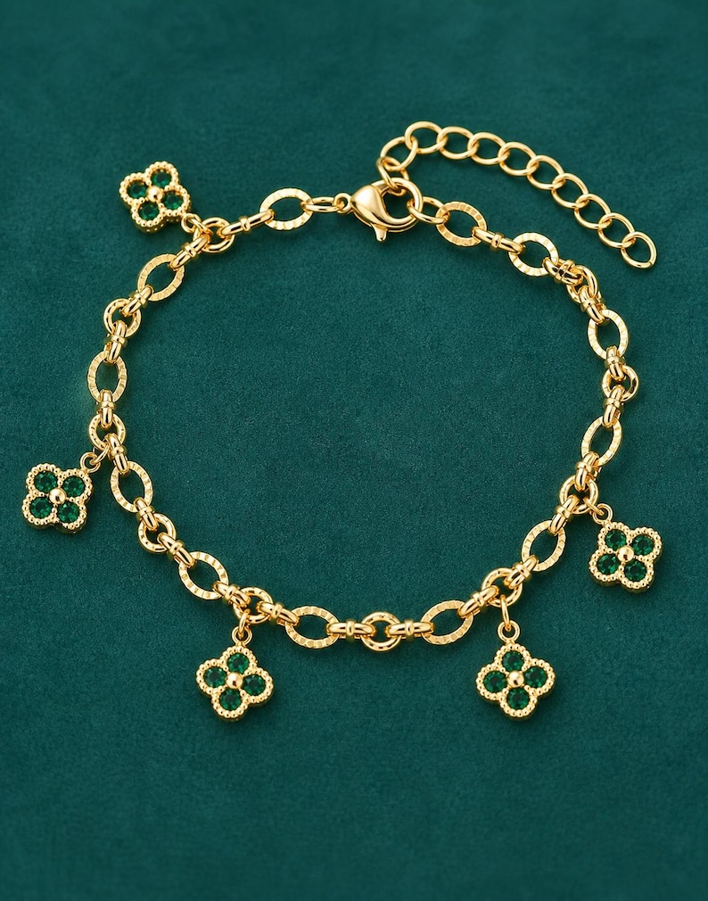Gold Clover Charm Bracelet | Emerald Green Brass Charms, Dainty Chain ...