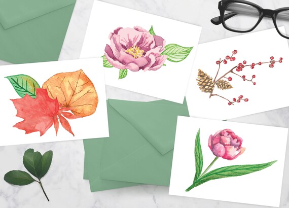 Set of 12 Note Cards Watercolor Illustrations 4 Seasons | Etsy