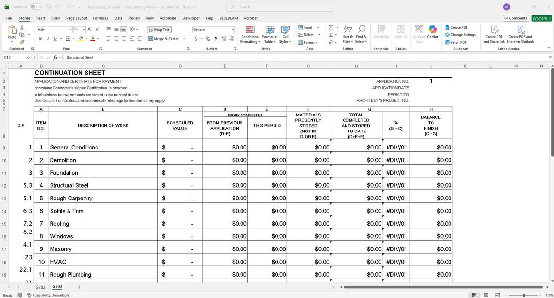 Construction Pay Application (G702 & G703 Style) | Progress Billing ...