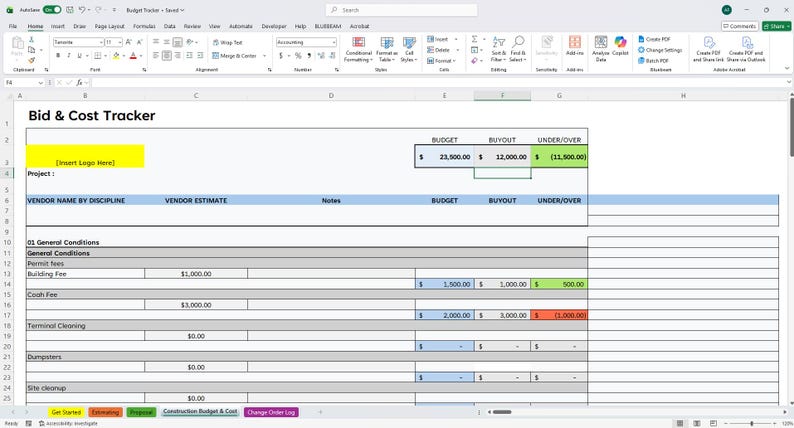 Construction Estimate Template Excel | General Contractor Bid Sheet | Auto-calculating Proposal ...