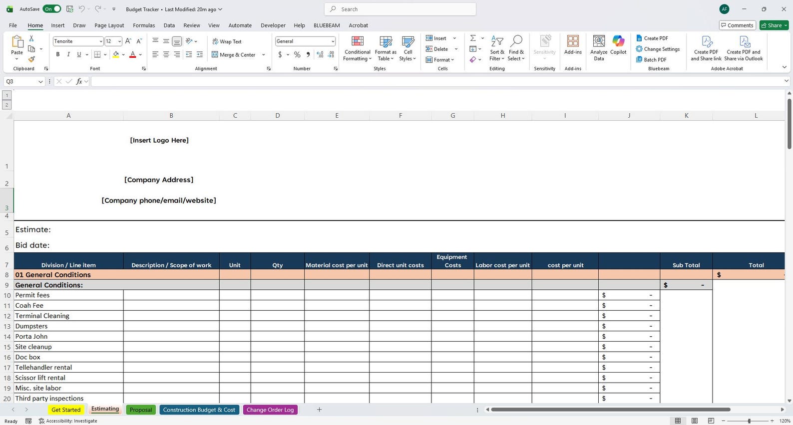 Construction Estimate Template Excel | General Contractor Bid Sheet ...