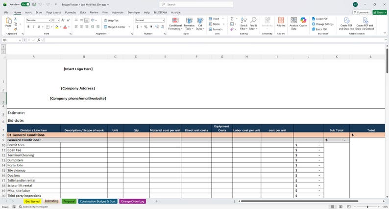 Construction Estimate Template Excel | General Contractor Bid Sheet ...