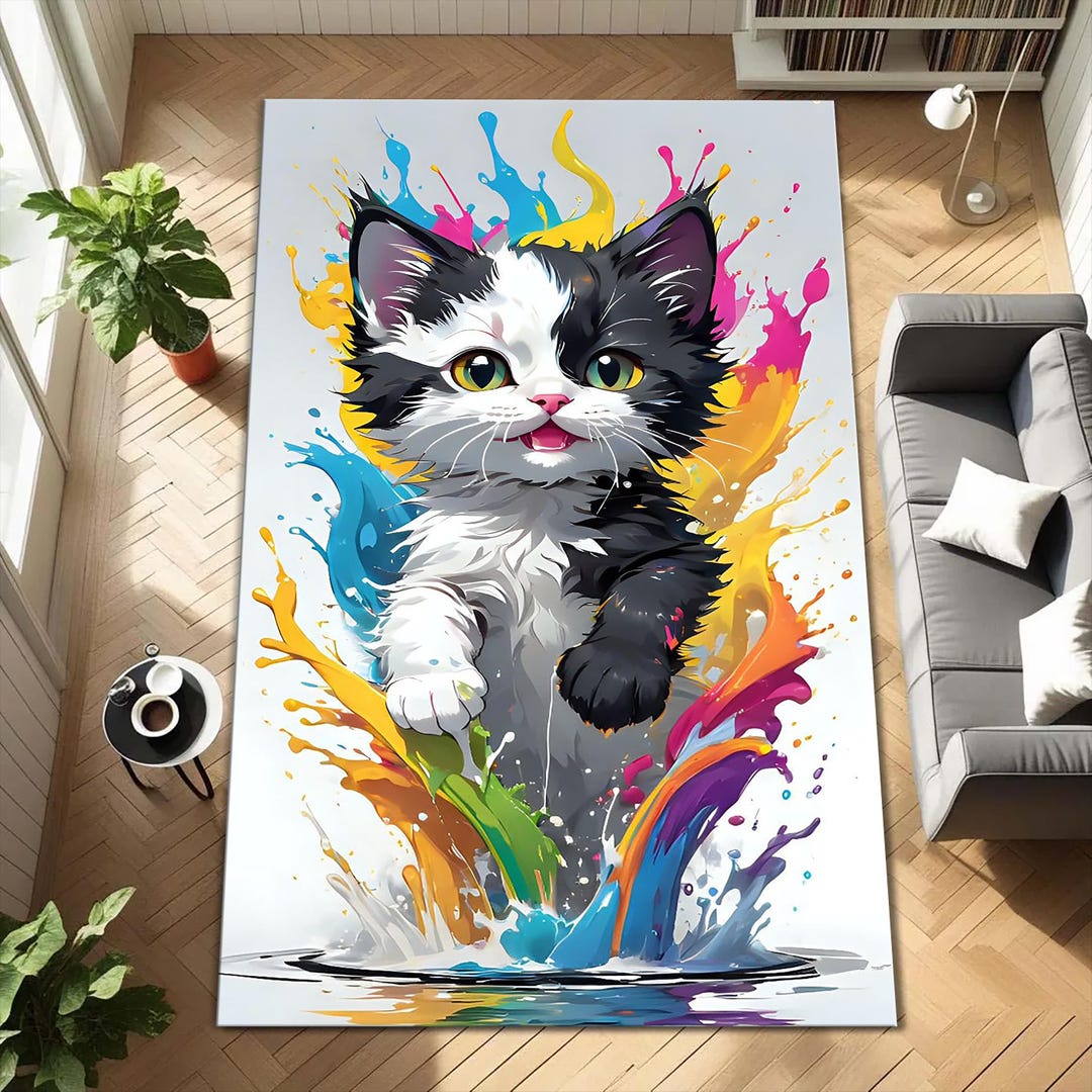 Color Splash Cat Rug – Vibrant Cartoon Kitten Carpet Design for Kids ...