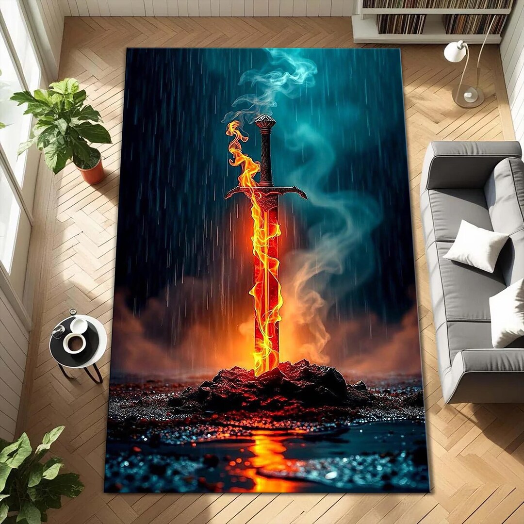 Flaming Sword Rug – Epic Fire & Ice Gamer Room Decor - Etsy