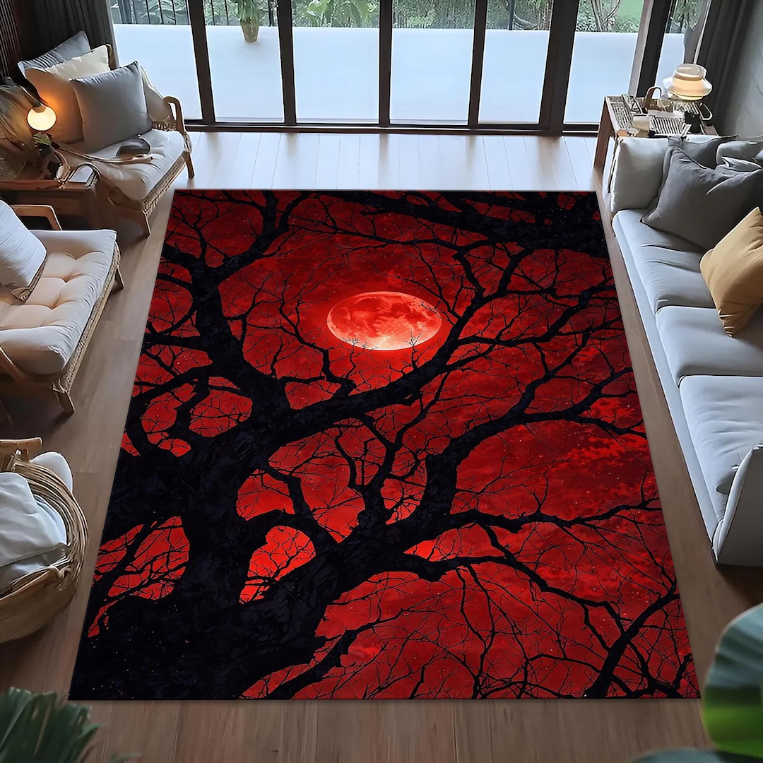 Blood Moon Forest Rug – Dark Gothic Red Night Carpet, Spooky Tree ...