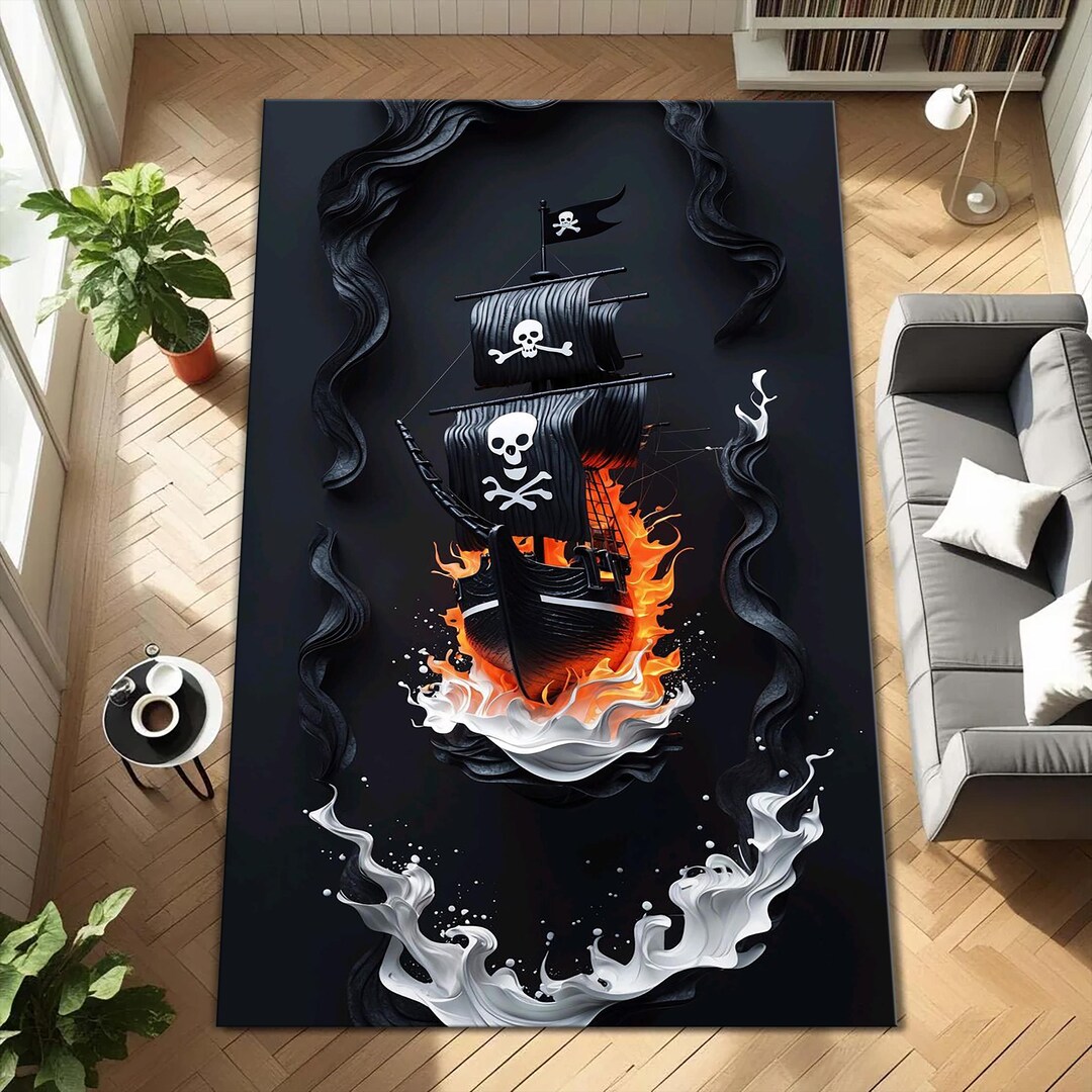 Gothic Black Pirate Ship Rug: Skull Flag, Fantasy Art Floor Decor - Etsy