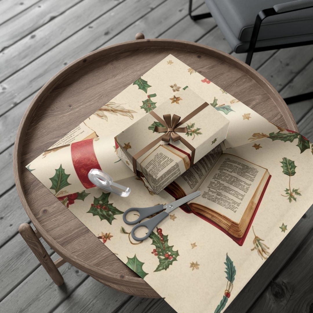 Open Book and Holly Gift Wrap Paper | Christmas Wrapping Paper Roll - Etsy