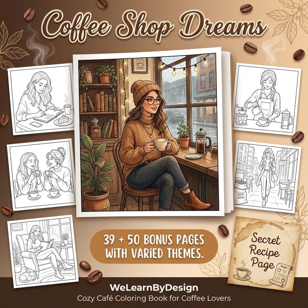 Coffee Shop Coloring Pages | Procreate & PDF | Adult Coloring Book ...