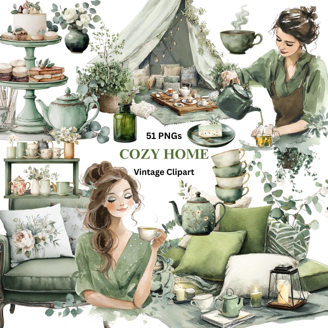 Watercolor Green Home Clipart Set: 51 Cozy PNG Graphics (digital ...