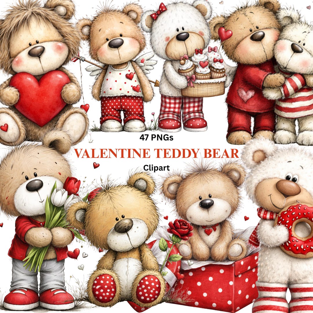 Valentine's Day Teddy Bear Clipart: Whimsical Watercolored Graphics ...