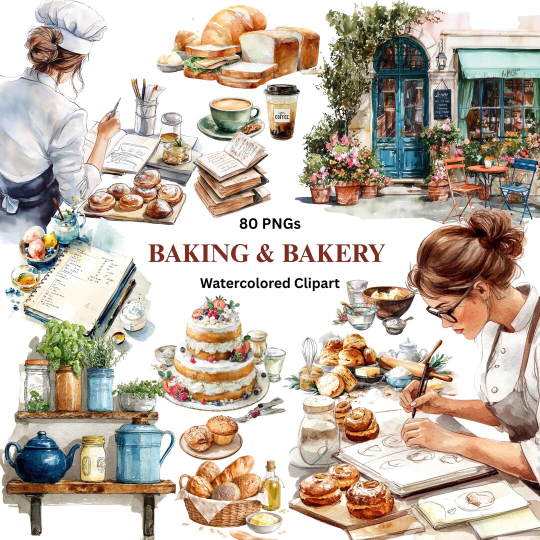Watercolor Bakery Clipart Bundle: Whimsical Baking Graphics (digital ...