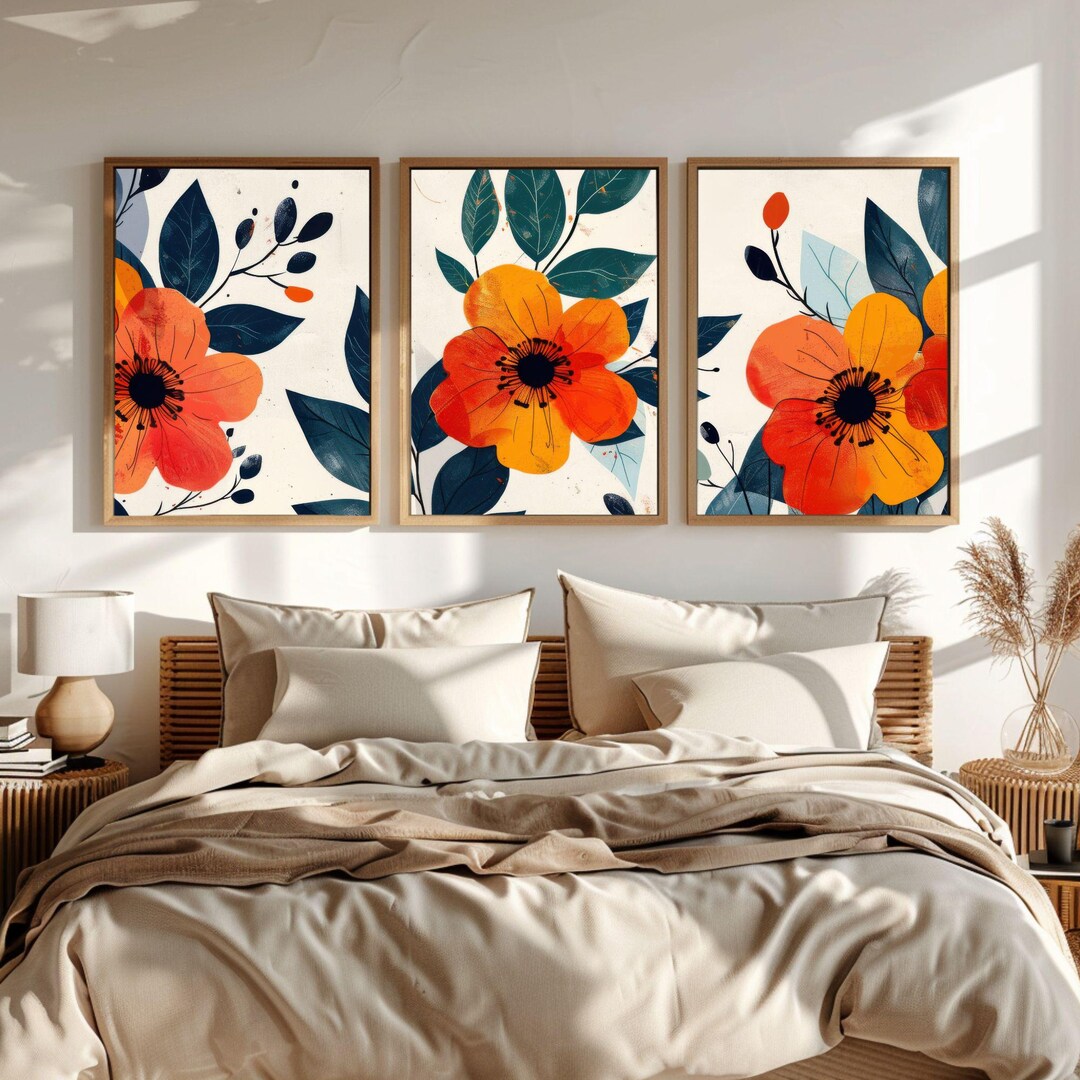 Bold Floral Rhythm Wall Art Set of 3, Large Statement Print, Warm ...