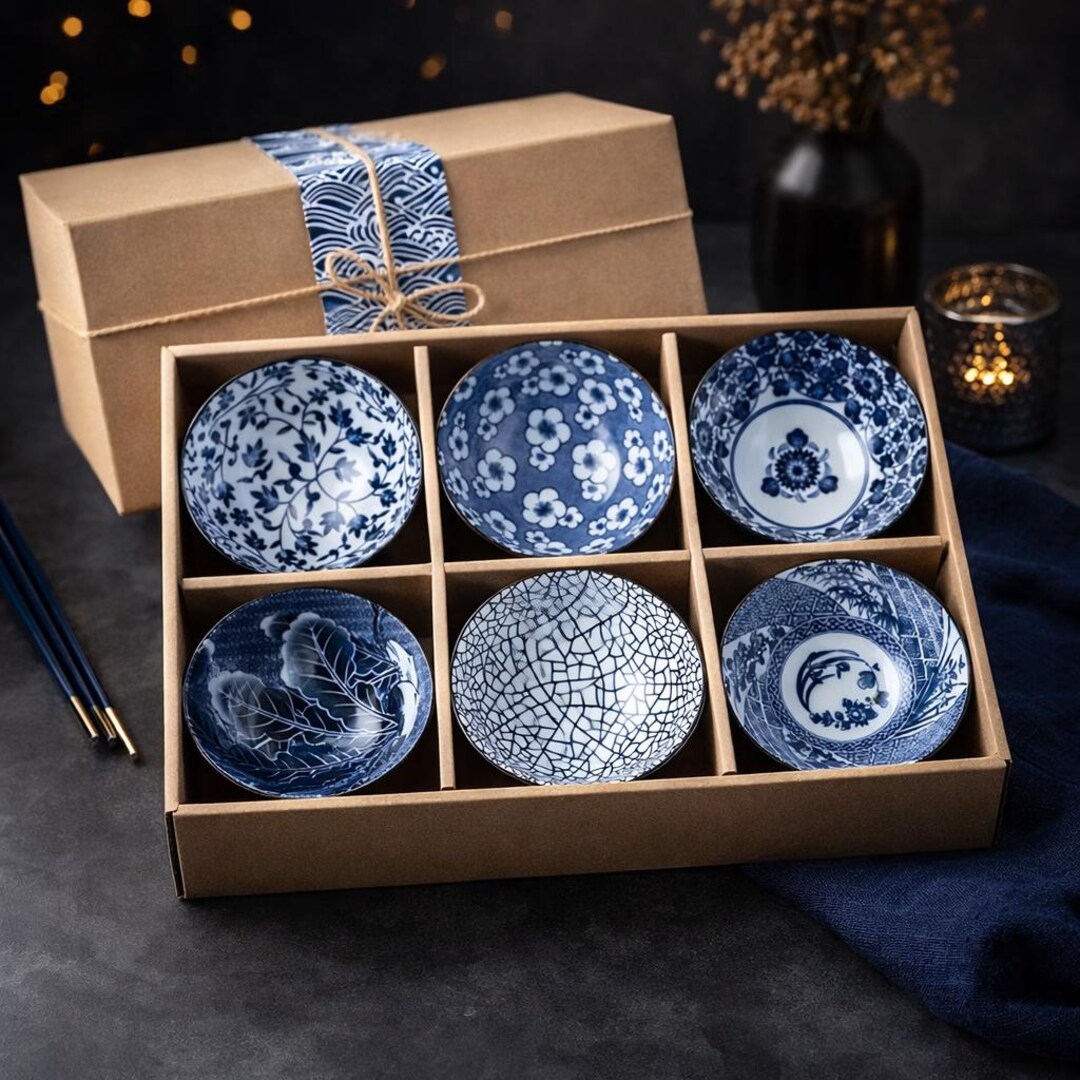 Set of 6 Japanese & Chinese Rice Bowls – Blue Asian Bowls for Daily ...