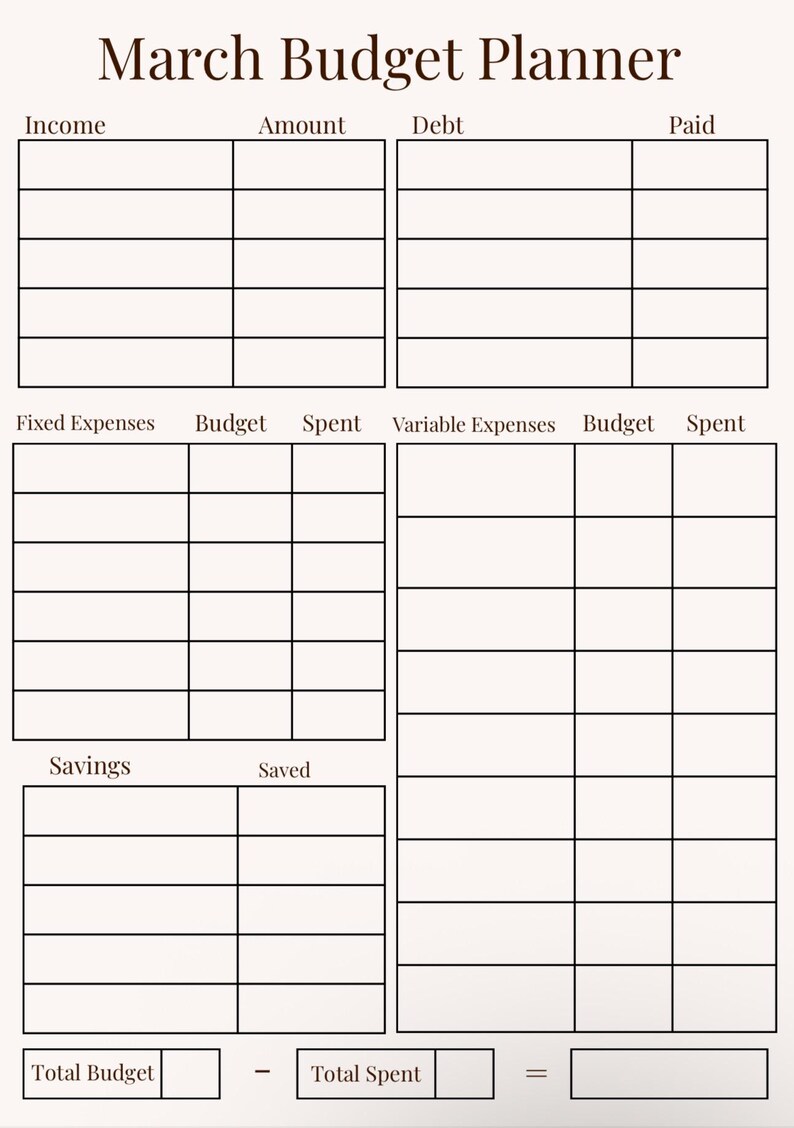 March Budget Planner Printable | Monthly Budget Template | Expense ...