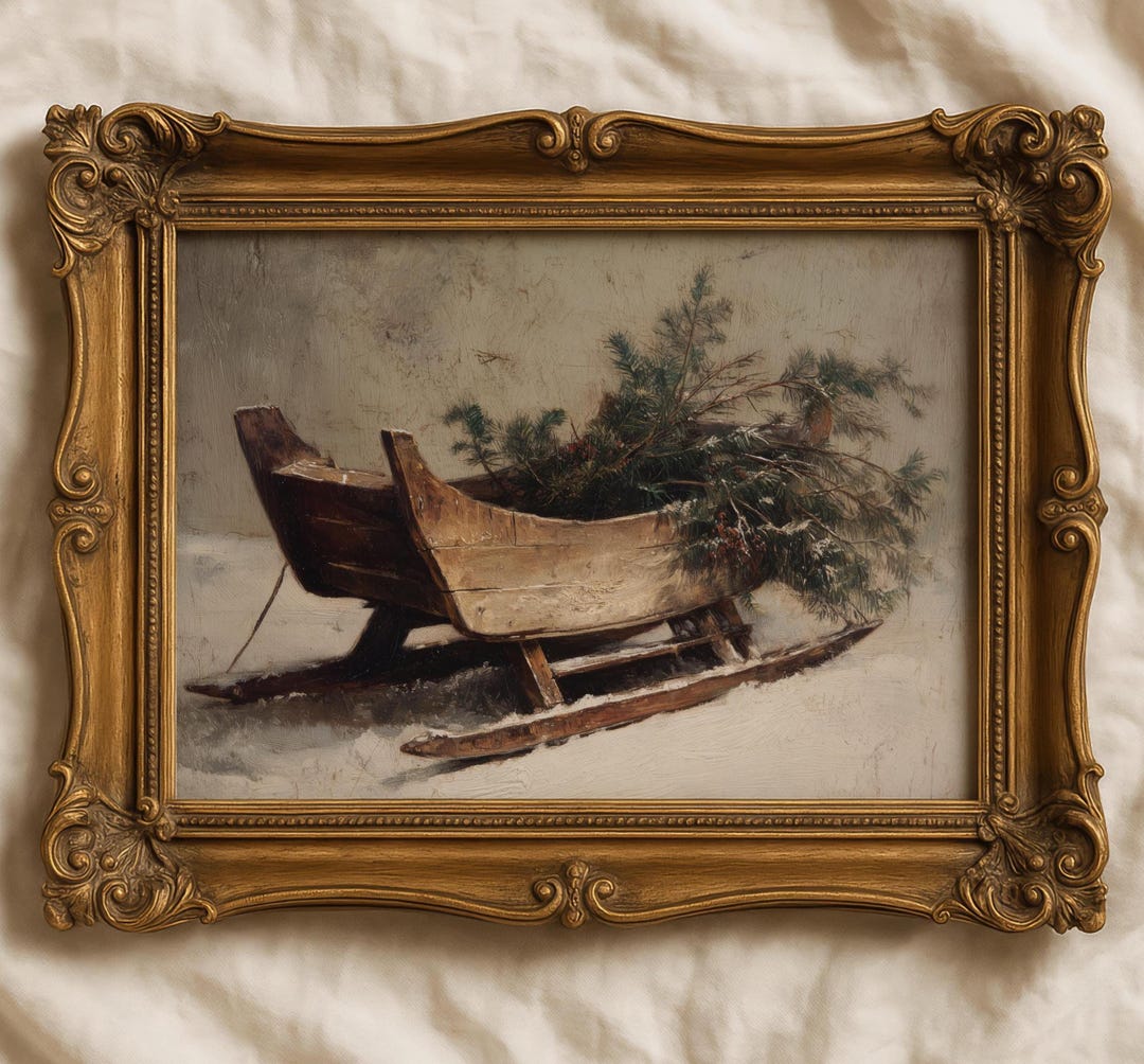 Vintage Christmas Sled Print, Moody Christmas Painting, Christmas Sled ...