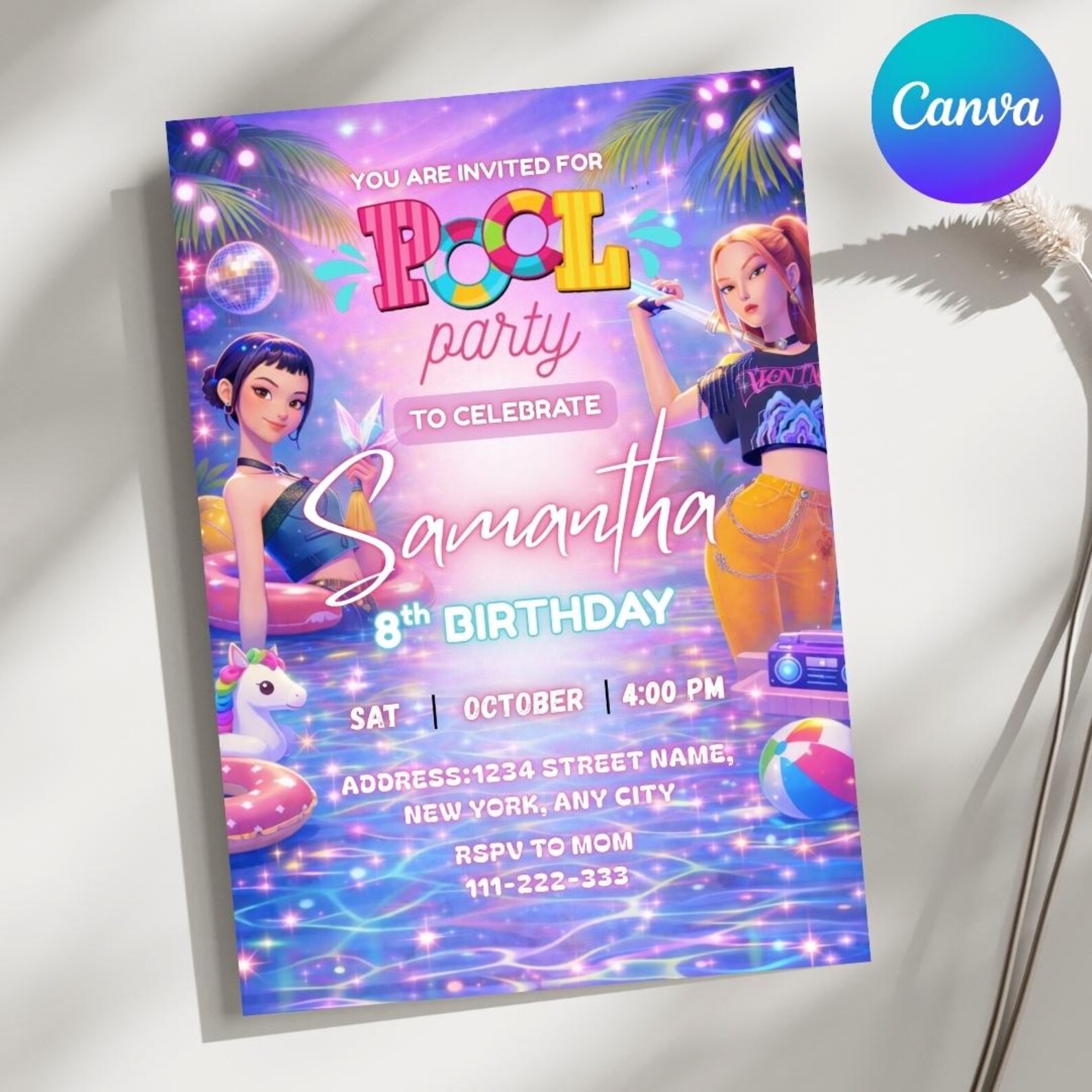 Kpop Demon Hunter Pool Party Invitation | Editable Canva Template ...