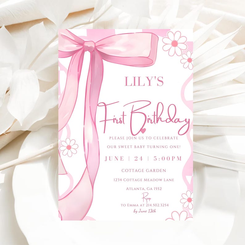 Pink Bow Birthday Invitation, Coquette Party, Editable Canva Template ...