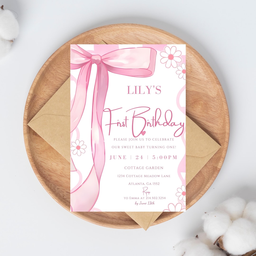Pink Bow Birthday Invitation, Coquette Party, Editable Canva Template ...