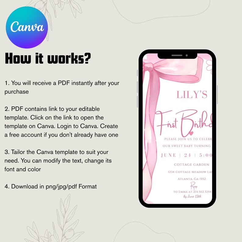 Pink Bow Birthday Invitation, Coquette Party, Editable Canva Template ...