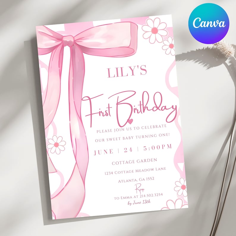 Pink Bow Birthday Invitation, Coquette Party, Editable Canva Template ...