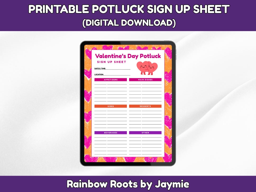 Printable Valentine's Day Potluck Sign up Sheet, Potluck Signup Form ...