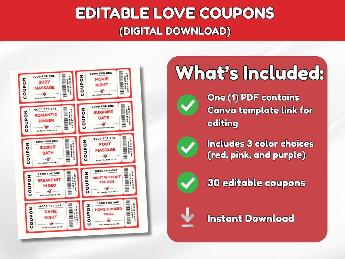 Editable Love Coupons Canva Template, Printable Coupon Book, Last ...