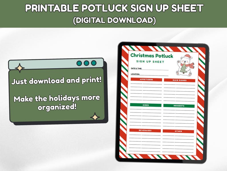 Printable Christmas Bear Potluck Sign up Sheet, Festive Potluck Signup ...