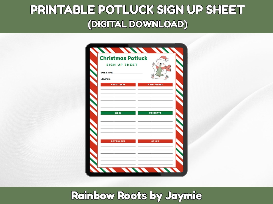 Printable Christmas Bear Potluck Sign up Sheet, Festive Potluck Signup ...