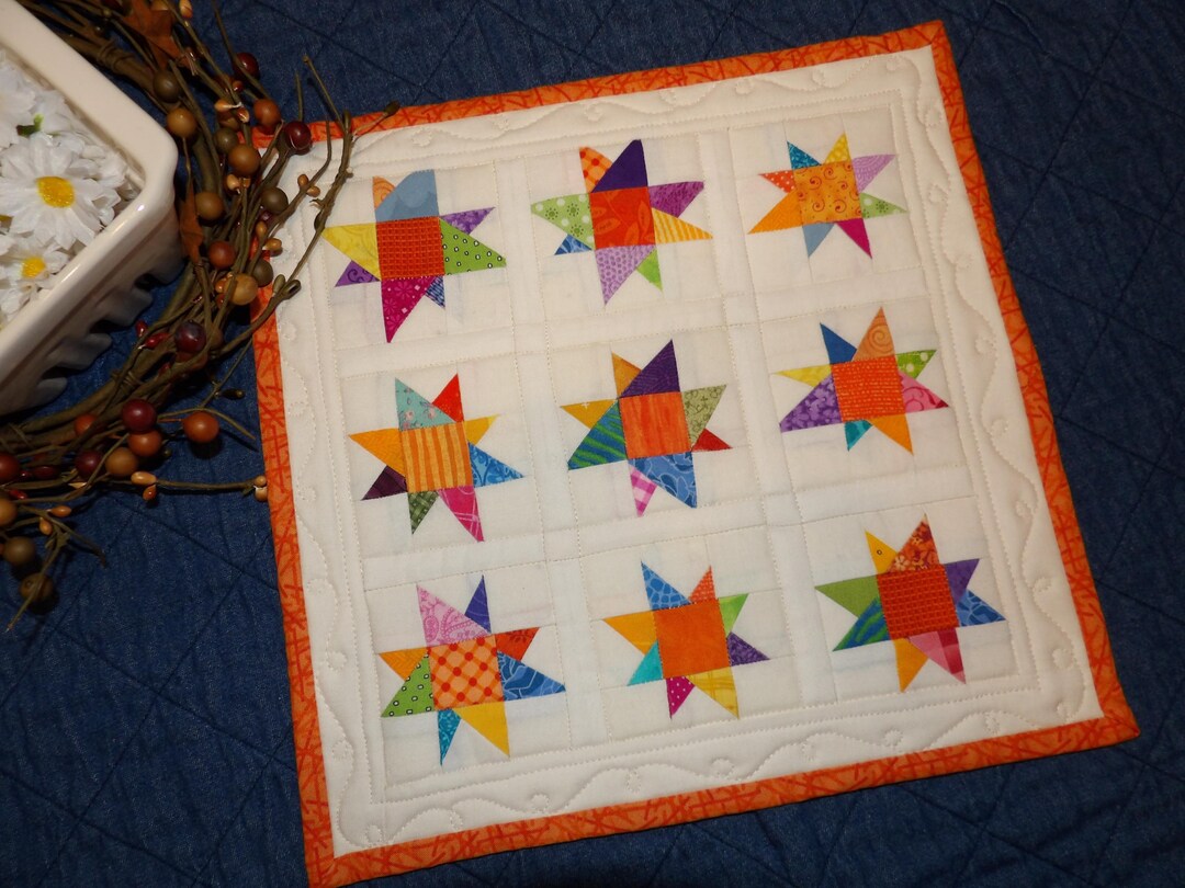 Wonky Patchwork Rainbow STARS (mat #2) Quilt Table Topper or Wall Hanging Small Spaces Candle ...